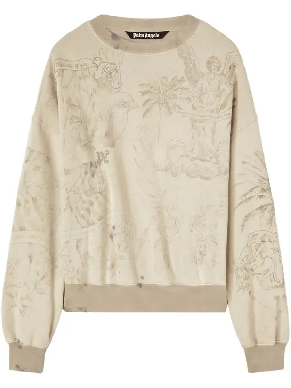 Palm Angels Graphic Print Cotton Sweatshirt - Neutrals