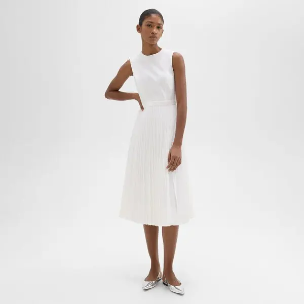 Theory Pleated Midi Dress In Sleek Poplin In White - 60% Off | Editorialist