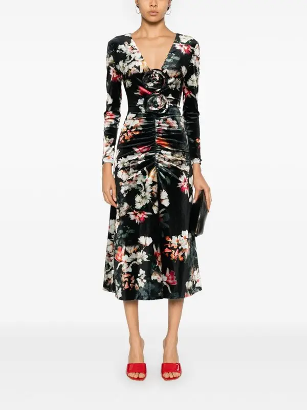 NISSA Floral-print Midi Dress - Black