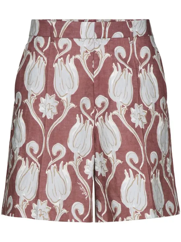 Valentino Garavani Tulips-print Linen Bermuda Shorts - Pink