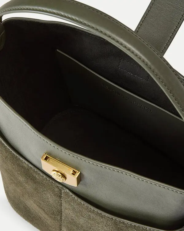 Veronica Beard Small Crest Lock Suede Bucket Bag