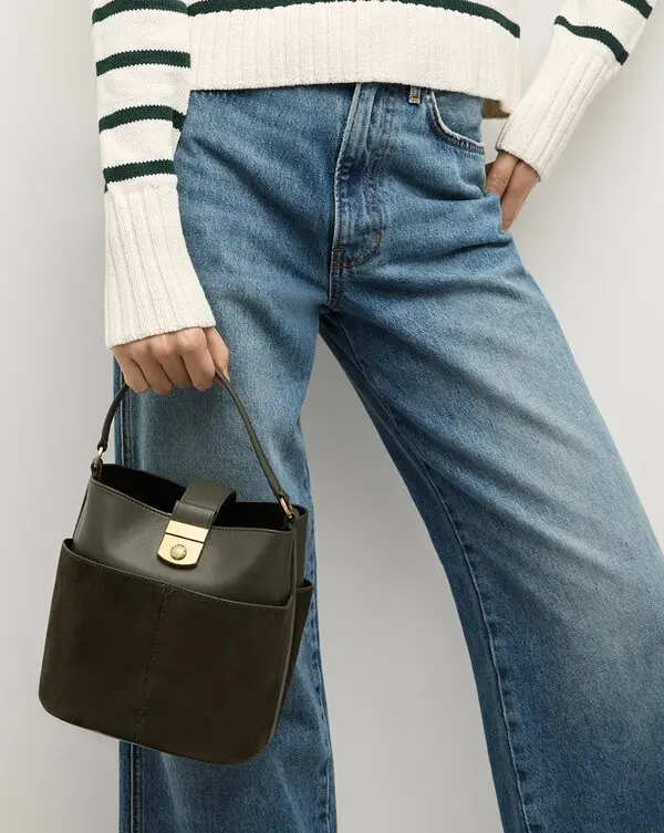 Veronica Beard Small Crest Lock Suede Bucket Bag