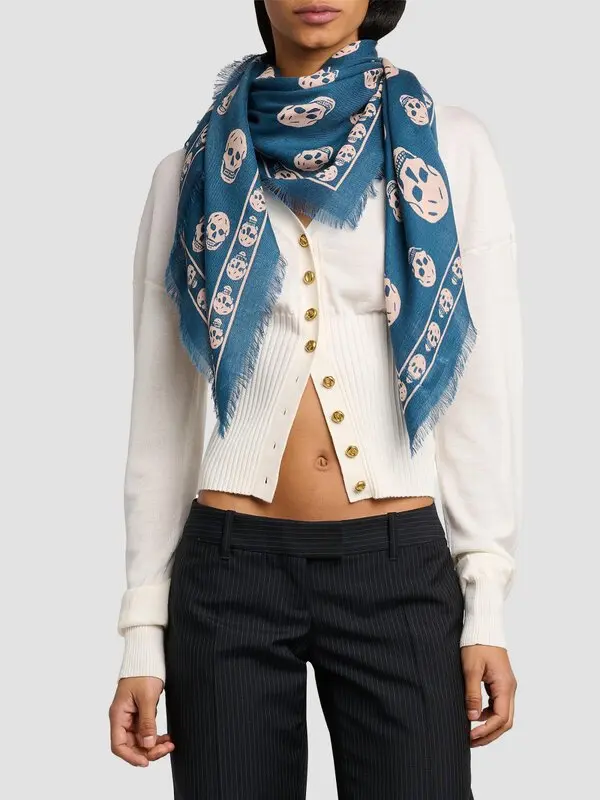 Alexander McQueen Skull Wool Scarf - Workers Blue
