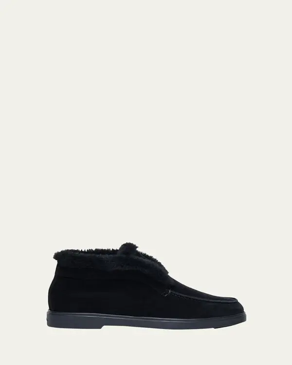 Santoni Fortune Shearling Suede Loafer Booties - Black