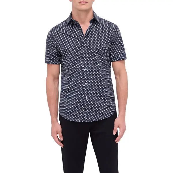 Bugatchi Miles Ooohcotton® Palm Print Short Sleeve Button-up Shirt - Black