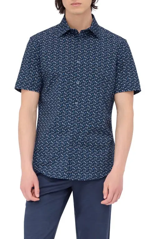 Bugatchi Miles Ooohcotton® Barware Print Short Sleeve Button-up Shirt - Navy