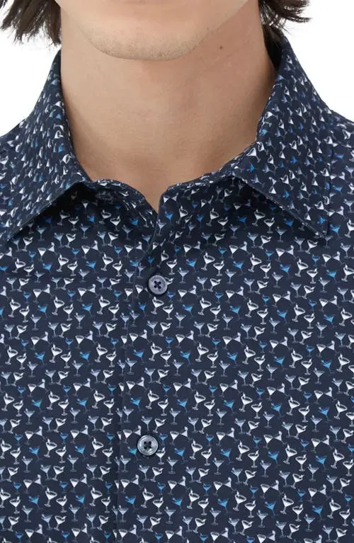 Bugatchi Miles Ooohcotton® Barware Print Short Sleeve Button-up Shirt - Navy