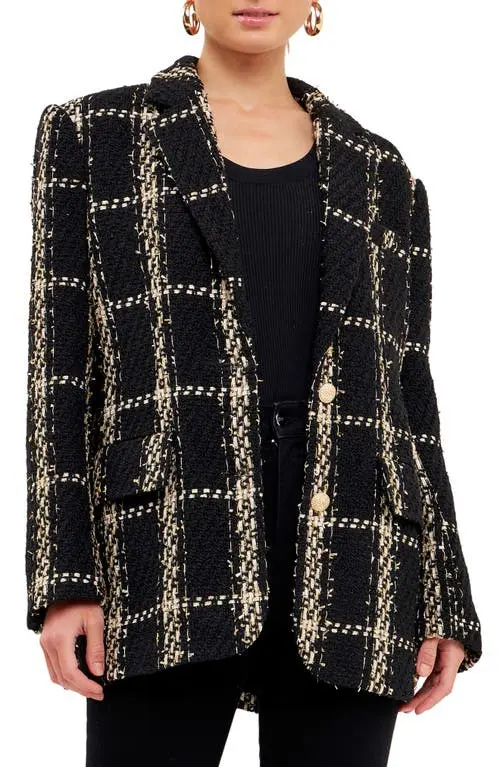 Endless Rose Premium Plaid Tweed Blazer - Black