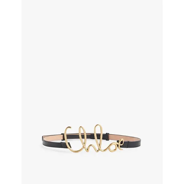 Black Leather Belt with Gold Script Sparkle Guess Script Belt | GUESS Factory main image 4