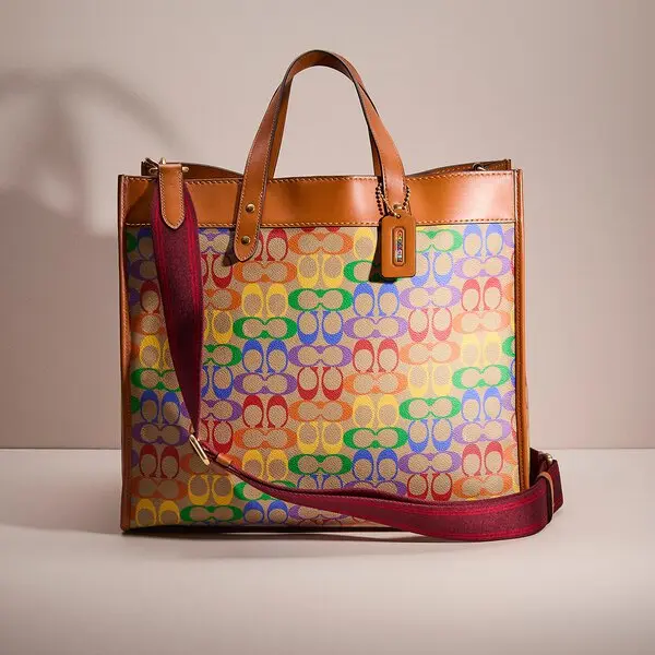 Coach Field Tote Bag 40 In Rainbow Signature Canvas Saddle Multi