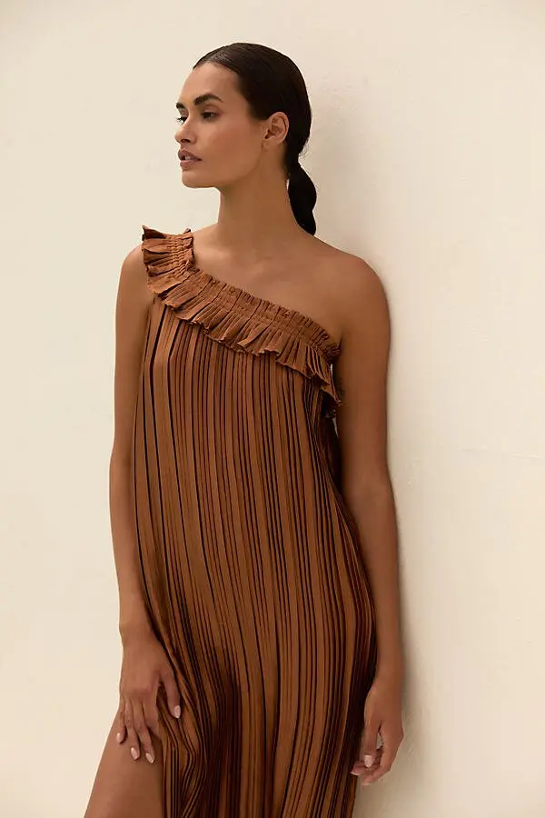brown plisse dress Modest Maxi Dress - FARES - Rose Beige - Plisse Style main image 0