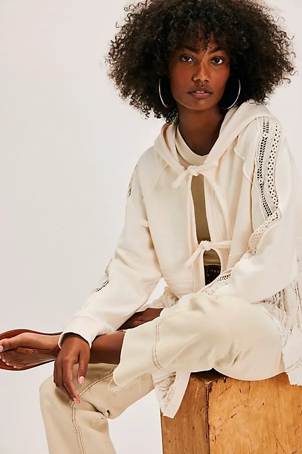 Free People Candy Lace Trimmed Sweatshirt In Ivory - 34% Off