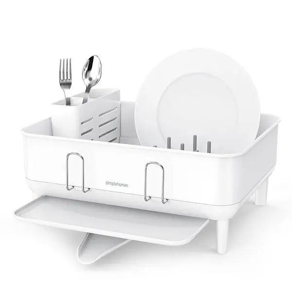 SIMPLEHUMAN Compact Steel Frame Dish Drying Rack With Swivel Spout Drain - White Steel