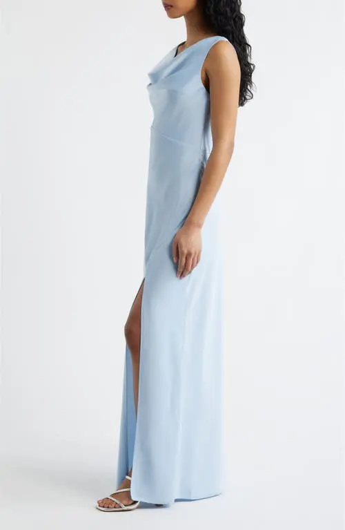 WAYF Lea Cowl Neck Satin Gown - Light Blue