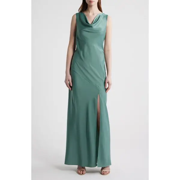 WAYF Lea Cowl Neck Satin Gown - Moss