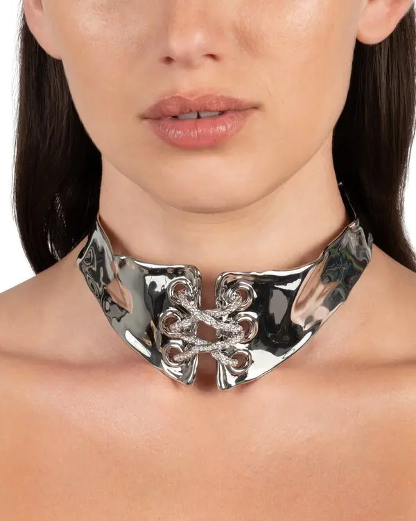 Alexis Bittar Solanales Crystal Lace Up Collar Necklace - Silver