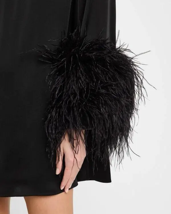 Lapointe Double-face Satin Mini Dress With Ostrich Feathers