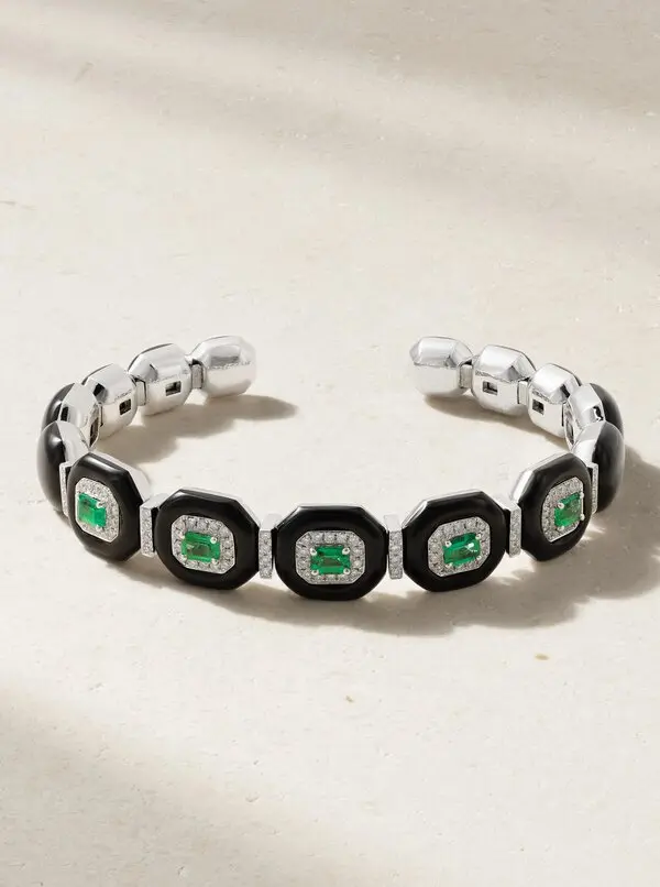 Nikos Koulis Oui 18-karat White Emerald, Diamond And Enamel Bangle - Gold