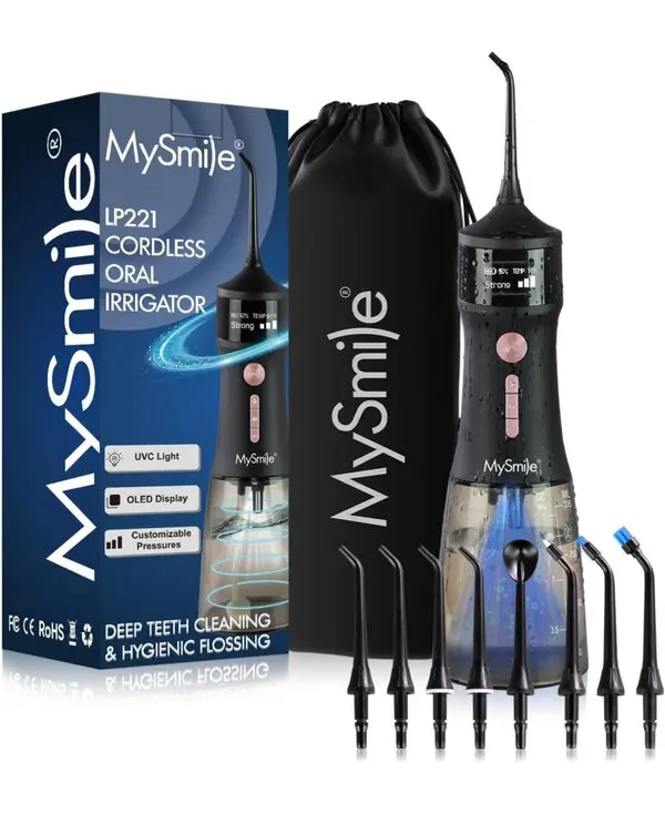 MYSMILE Lp221 Uvc Sterilizable Cordless Water Flosser 335ml Tank Oled Display Dental Flosser With 4 Modes 8 Jet Tips & Storage Pouch For Home & Travel - Black