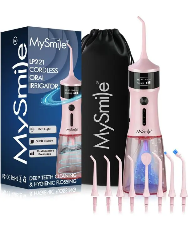 MYSMILE Lp221 Uvc Sterilizable Cordless Water Flosser 335ml Tank Oled Display Dental Flosser With 4 Modes 8 Jet Tips & Storage Pouch For Home & Travel - Pink