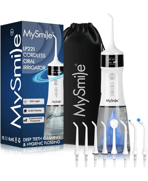 MYSMILE Lp221 Uvc Sterilizable Cordless Water Flosser 335ml Tank Oled Display Dental Flosser With 4 Modes 8 Jet Tips & Storage Pouch For Home & Travel - White