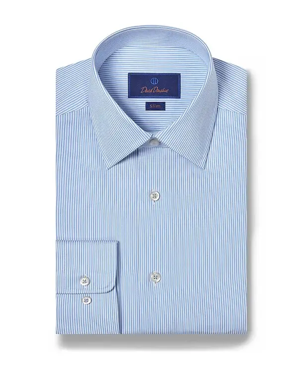 David Donahue Cotton Twill Fine Line Stripe Slim Fit Dress Shirt - White/blue
