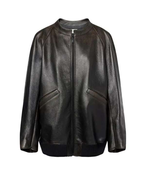 THE ROW Kengia Leather Bomber Jacket - Brown