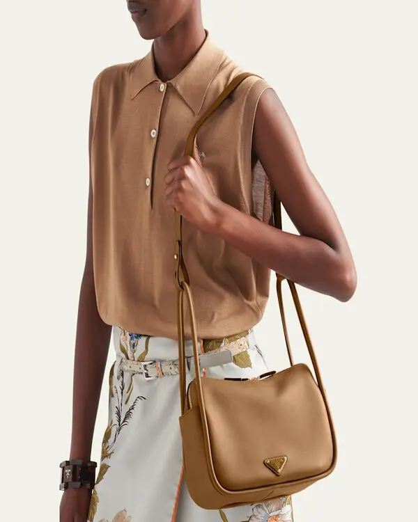 Prada Flou Zip Leather Top-handle Bag - Caramel