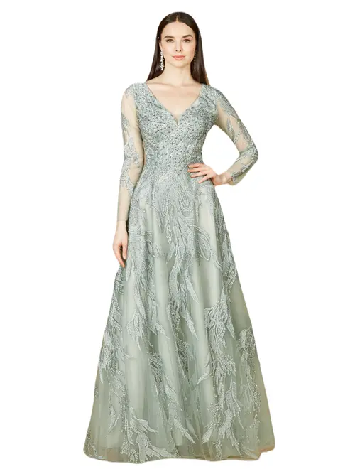 LARA NEW YORK Long Sleeve Lace Ballgown - Sage