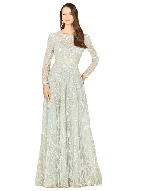 LARA NEW YORK Long Sleeve Beaded Lace Gown - Frost