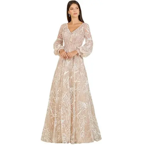 LARA NEW YORK V-neckline Long-sleeve Gown - Grey