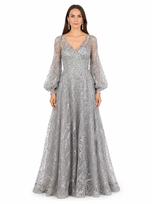 LARA NEW YORK V-neckline Long-sleeve Gown - Grey