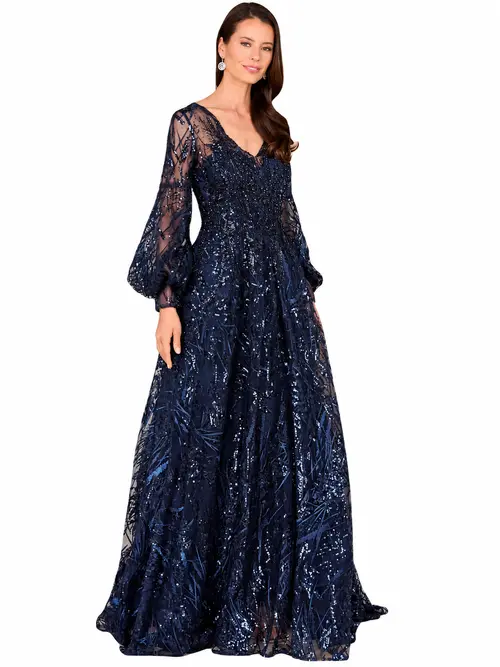 LARA NEW YORK V-neckline Long-sleeve Gown - Navy