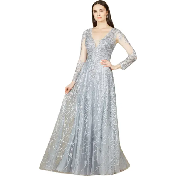 LARA NEW YORK Long Sleeve V-neckline Gown - Lightblue