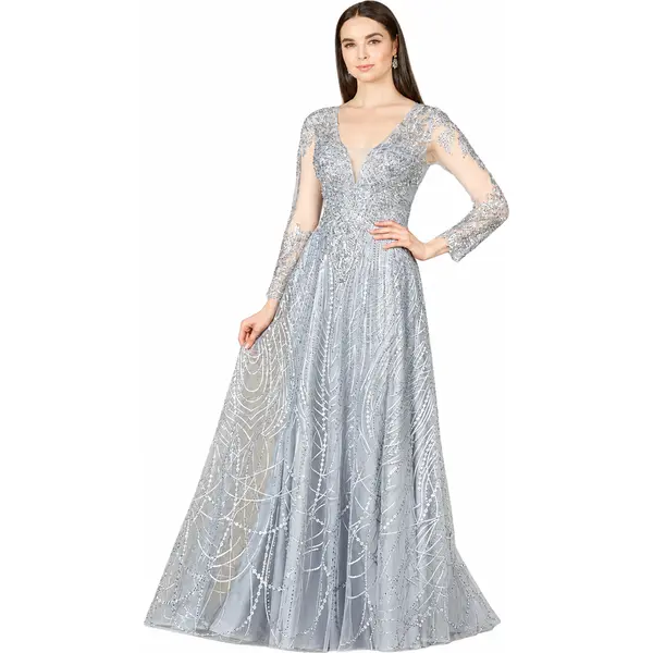 LARA NEW YORK Long Sleeve V-neckline Gown - Lightblue