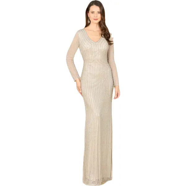 LARA NEW YORK Classic V-neck Beaded Gown - Silver