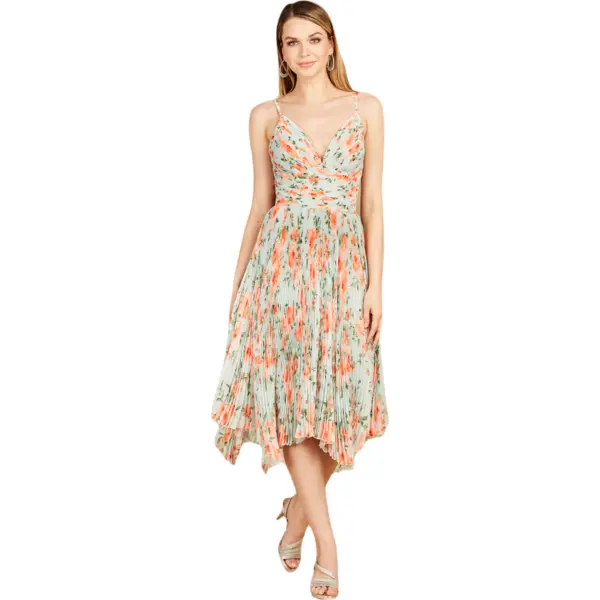 LARA NEW YORK V-neck Printed Midi Dress With Pleats - Mint