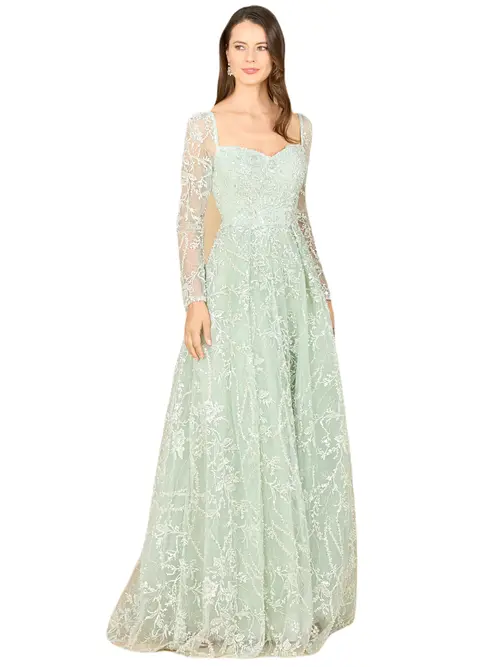 LARA NEW YORK Long Sleeve Beaded Lace Gown - Dustysage