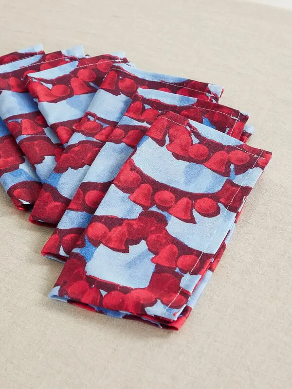 La DoubleJ Set Of Six Printed Linen Napkins - Red
