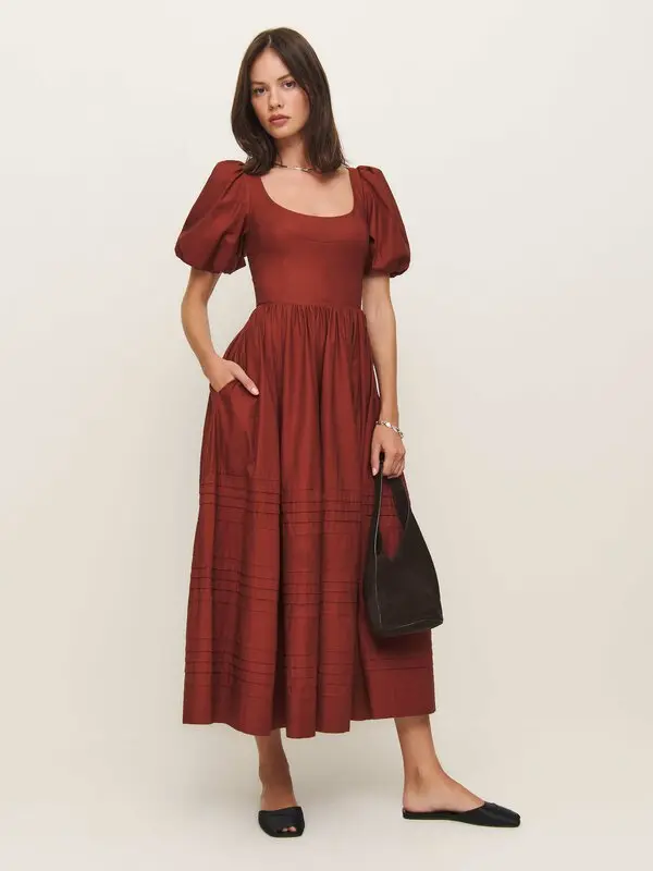 REFORMATION Everlyn Midi Dress With Puff Sleeves And Full Skirt