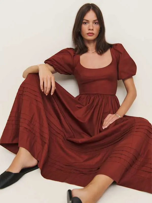 REFORMATION Everlyn Midi Dress With Puff Sleeves And Full Skirt