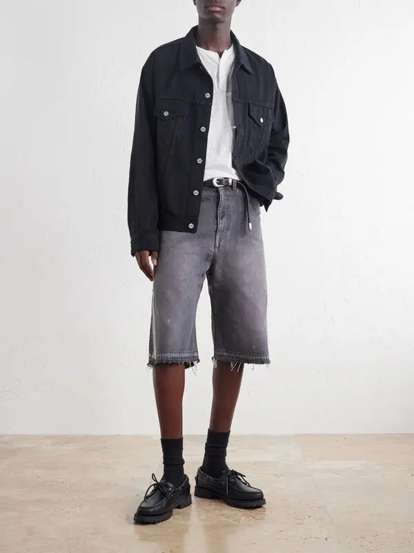 Kapital Wide-leg Appliquéd Distressed Denim Shorts - Gray