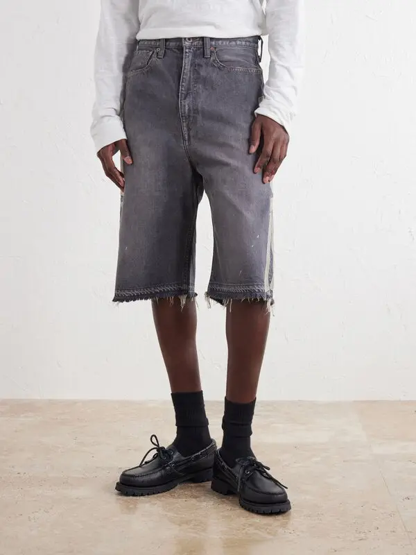 Kapital Wide-leg Appliquéd Distressed Denim Shorts - Gray