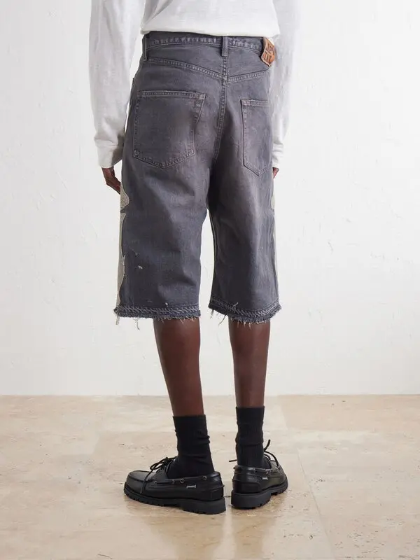 Kapital Wide-leg Appliquéd Distressed Denim Shorts - Gray