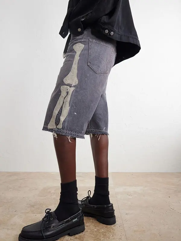 Kapital Wide-leg Appliquéd Distressed Denim Shorts - Gray