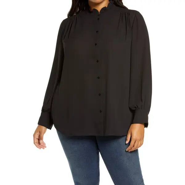 NYDJ Ruffle Neck Blouse - Black