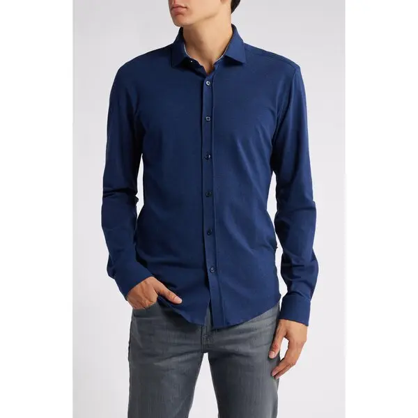 BOSS Roan Solid Stretch Cotton Button-up Shirt - Dark Blue