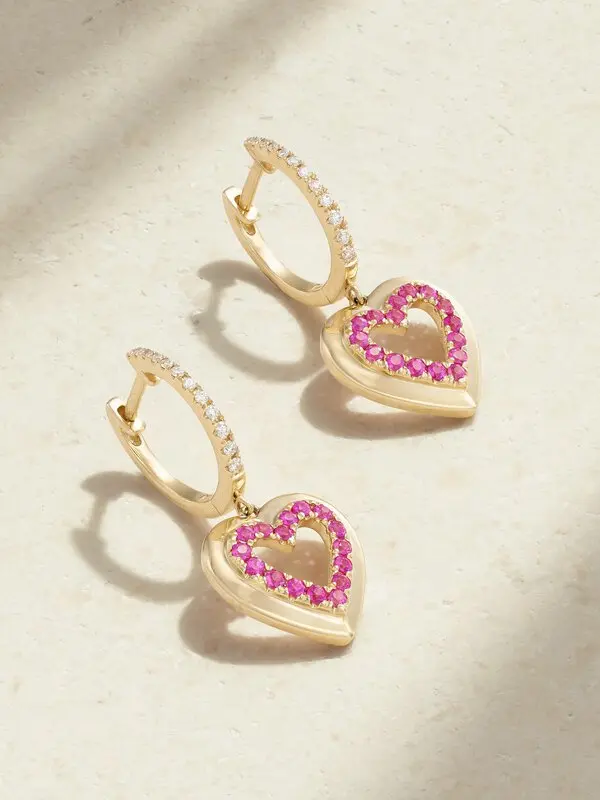 ROXANNE FIRST Heart 14-karat Gold, Sapphire And Diamond Hoop Earrings - Pink