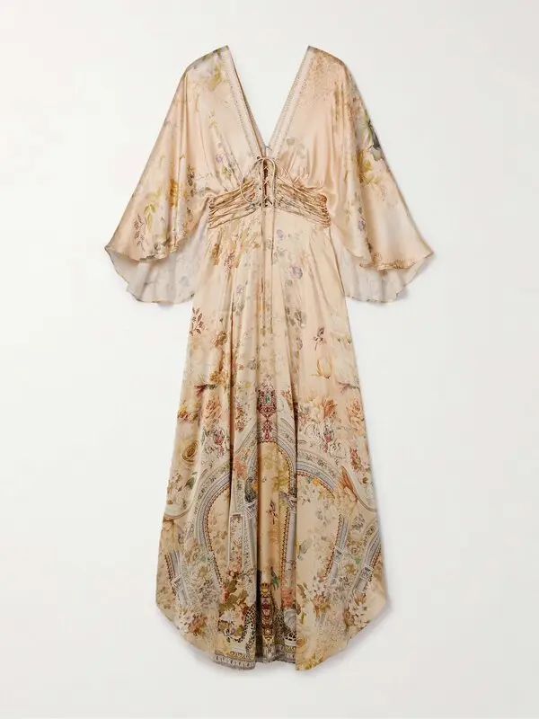 Camilla Lace-Up Crystal-Embellished Printed Silk-Satin Midi Dress In Cream  - 50% Off | Editorialist