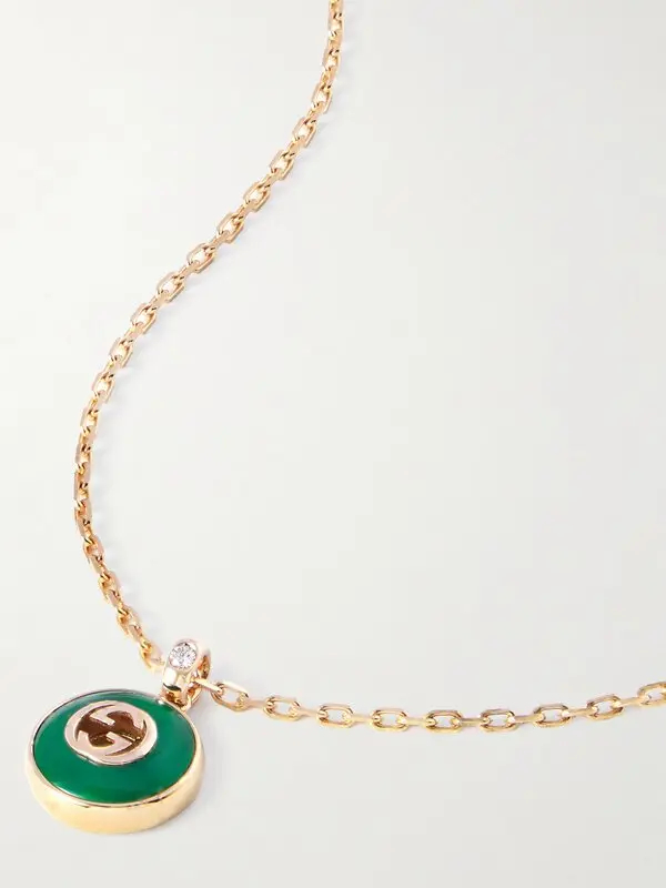 Gucci Interlocking G 18-karat Gold, Agate And Diamond Necklace - Green